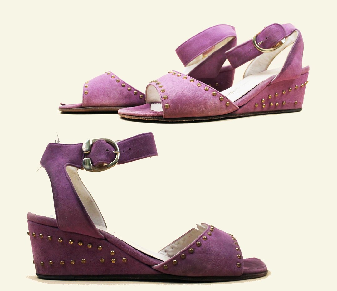 60s 70s Vtg Purple Suede Leather Studded Ankle Strap Sandal Wedge High ...