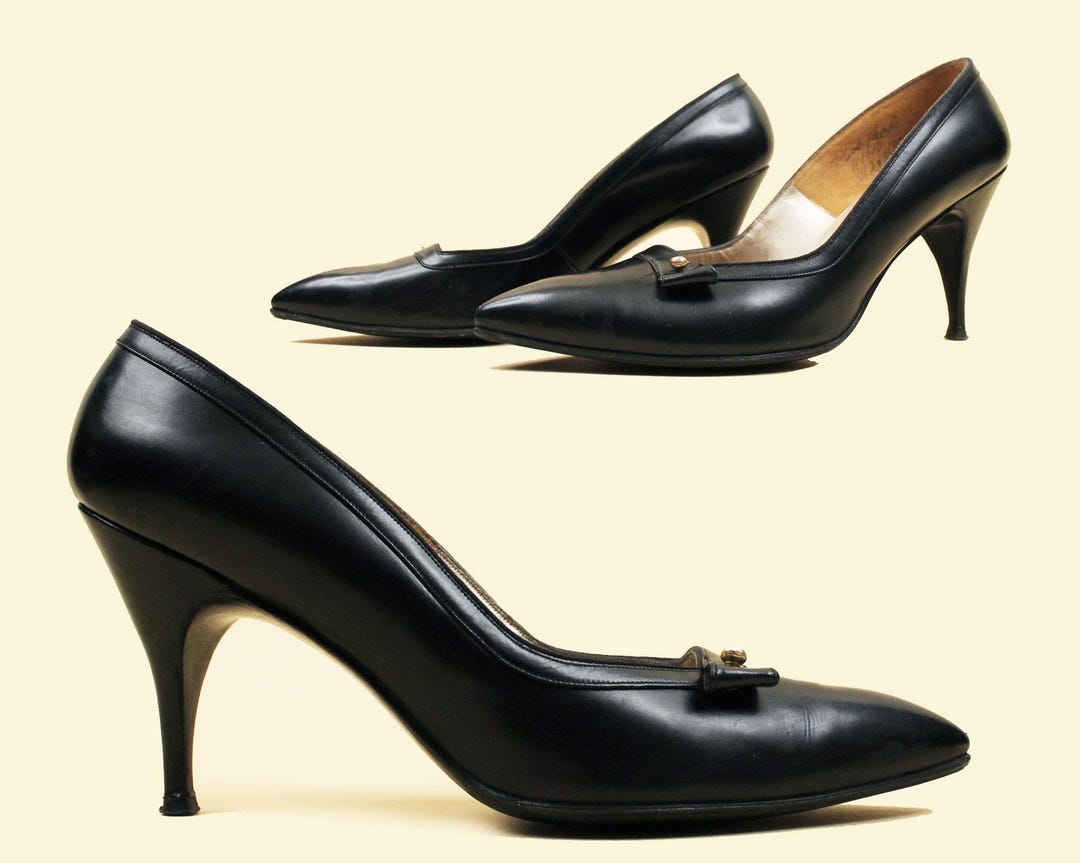 50s Vtg Black Leather High Heel Pointy Toe Pump Pin up Mod Spike ...