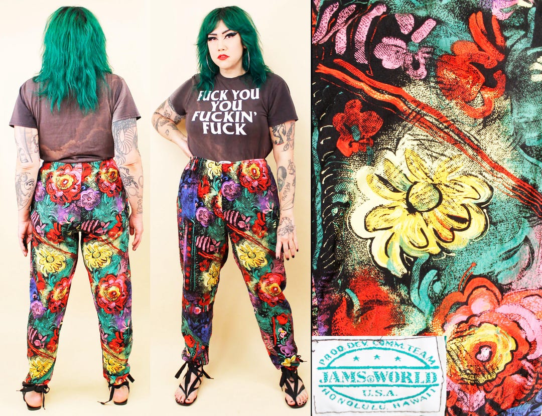 80s Jams World Rayon Pants: Funky Floral Print, Elastic Waist - Etsy