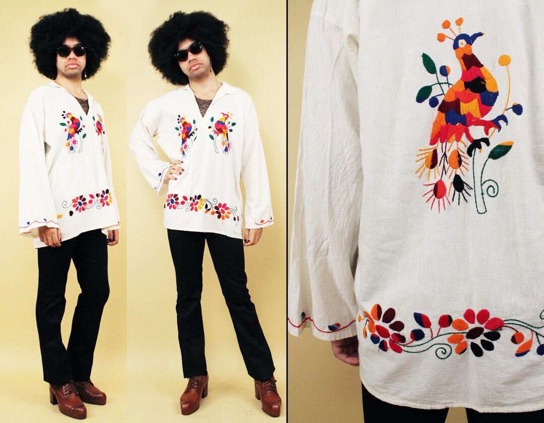 70s Vtg White Cotton Embroidered Mexican Folk Tunic Square Long Sleeve ...