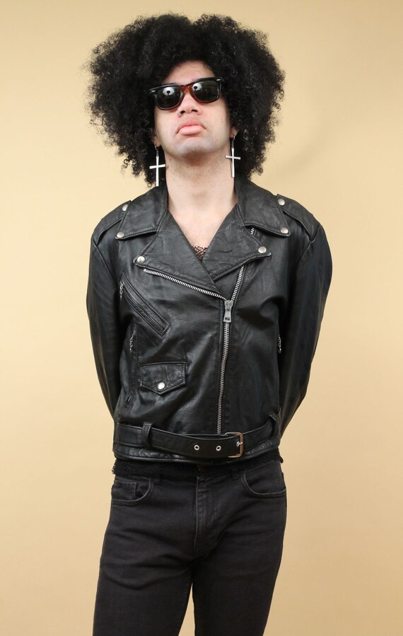 70s Vtg Black Leather Motorcycle Jacket Biker Moto Pu… - Gem