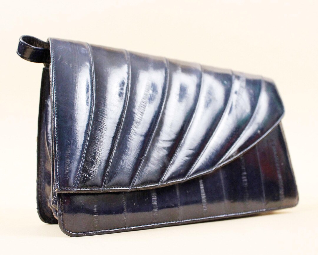 80s Vtg Midnight Blue Eel Skin Leather Purse Shoulder Bag Envelope ...