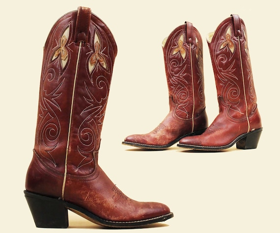 70s Vtg Brown Leather Floral Inlay Cowboy Boots Weste… - Gem