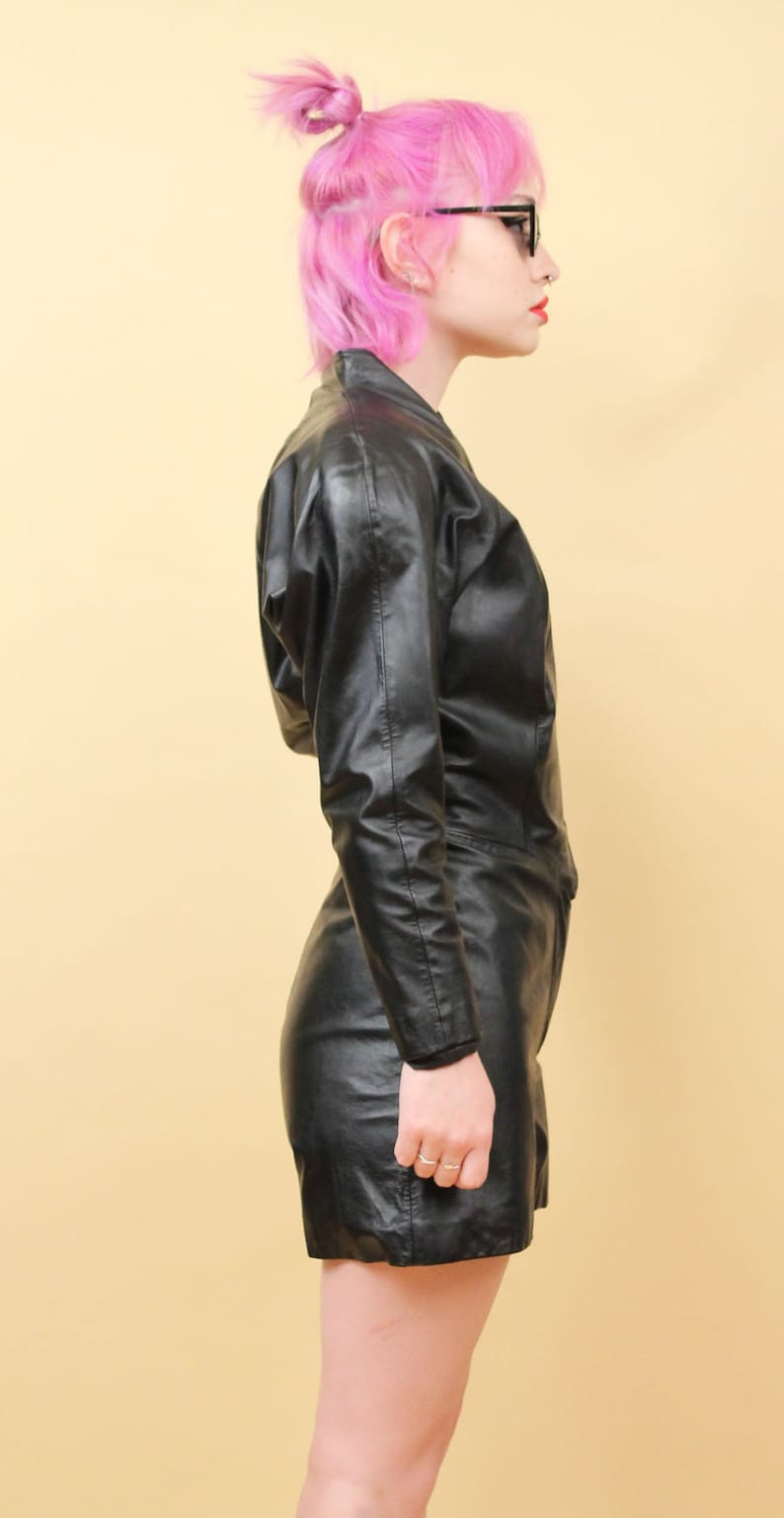 80s Vtg Black Leather Catsuit Romper Batwing Futuristic Motorcycle ...