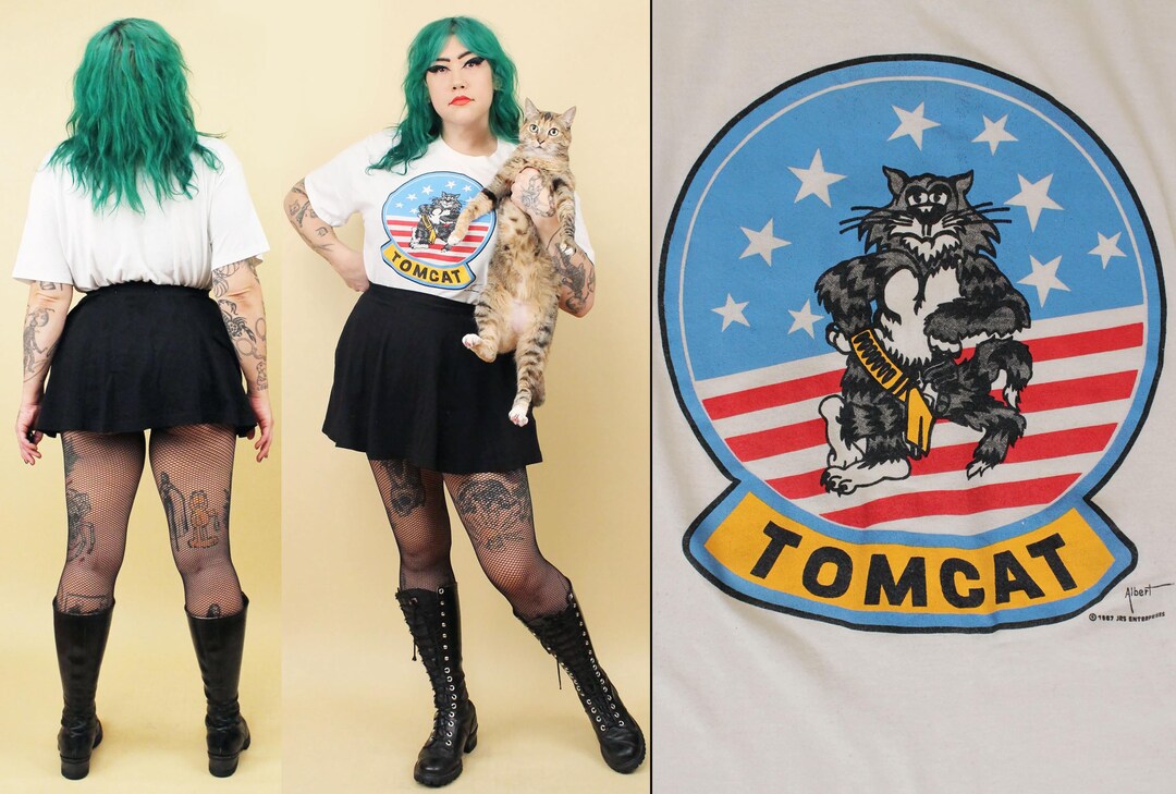 80s Vtg TOMCAT F-14 Cat 1987 Graphic Tshirt Single Stitch Army Navy ...