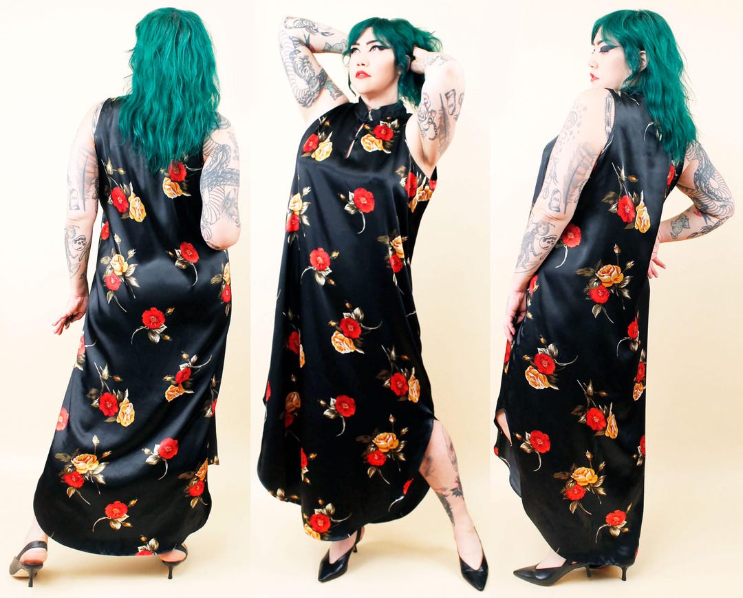 80s 90s Vtg Black & Red Rose Print Satin Slip Dress Sleeveless Barbizon ...