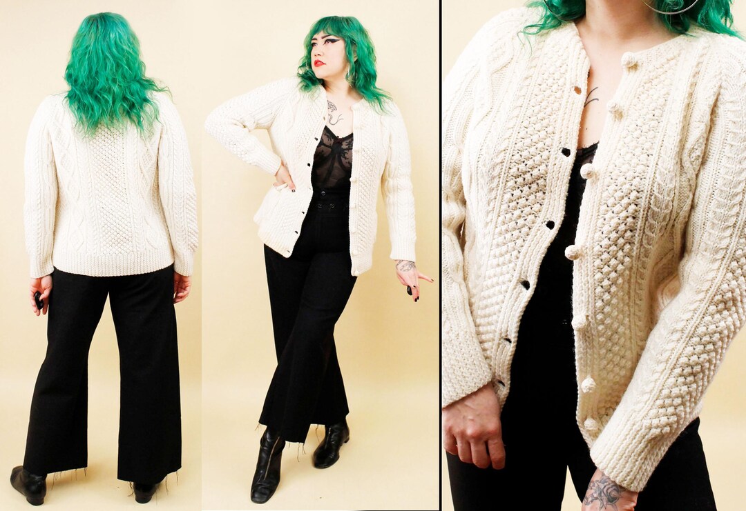 60s Vtg Irish 100% Wool Cable Knit Fisherman Cardigan Sweater Collared ...