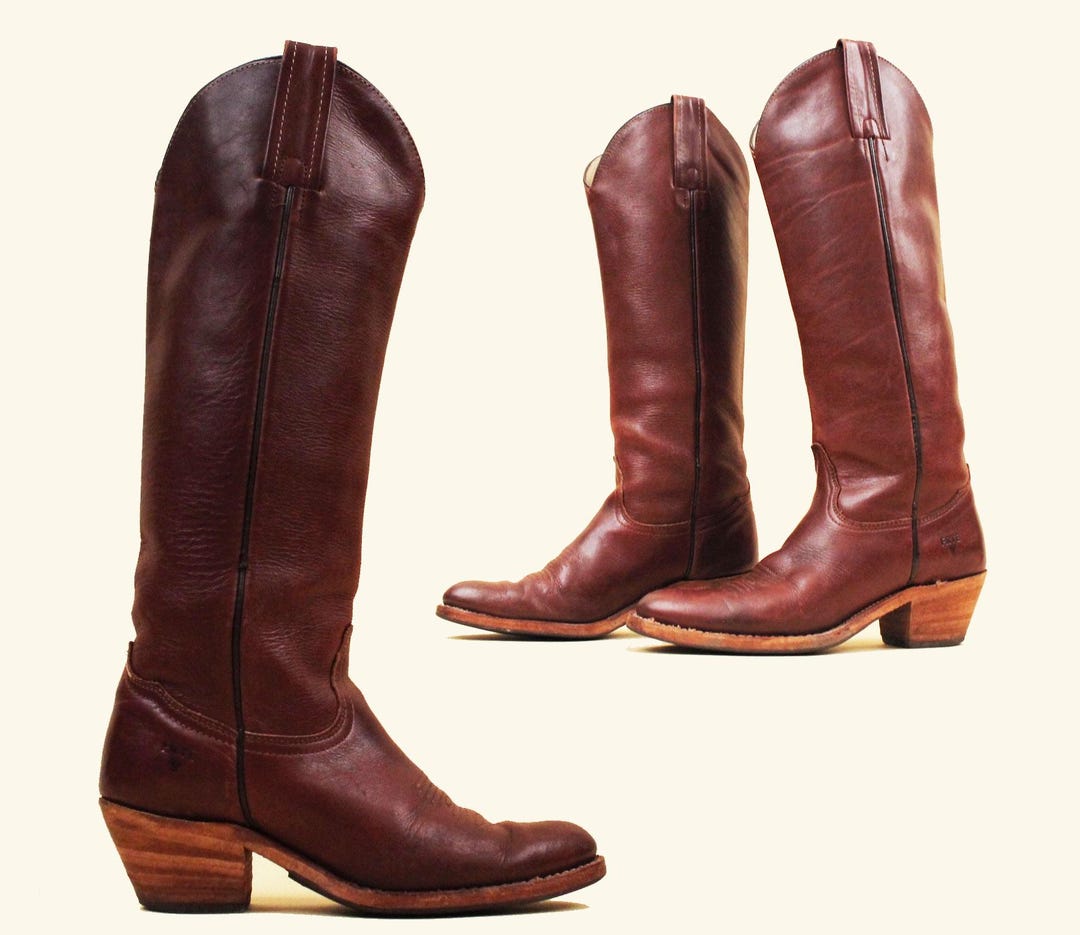 70s Vtg FRYE Reddish Brown Leather Tall Knee High Cowboy Boots Western ...