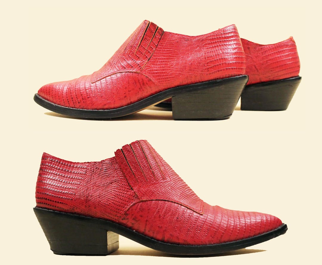 80s Vtg Red Leather Reptile Embossed Pointy Toe Half Boot Winklepicker ...