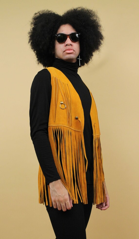 60s 70s Vtg Mustard Yellow Suede Leather Fringe Vest … - Gem