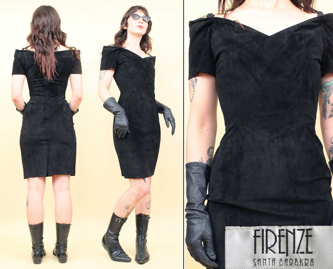 80s Vtg Black Suede Leather off Shoulder Firenze Santa Barbara Mini ...