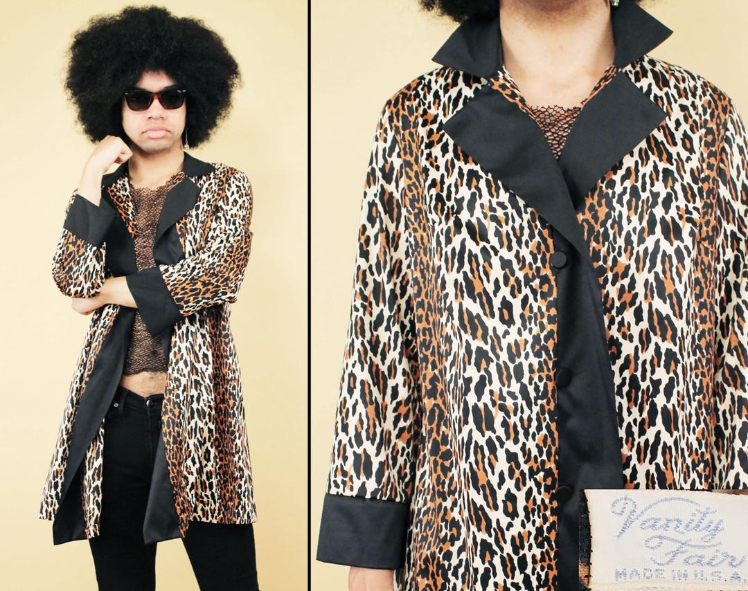 60s Vtg Vanity Fair Leopard Print Pointy Black Collar Jacket Robe ...