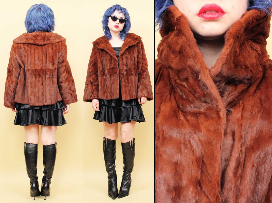 50s 60s Vtg Brown Genuine Mink Fur Short Trench Pea Coat W/ Big ...