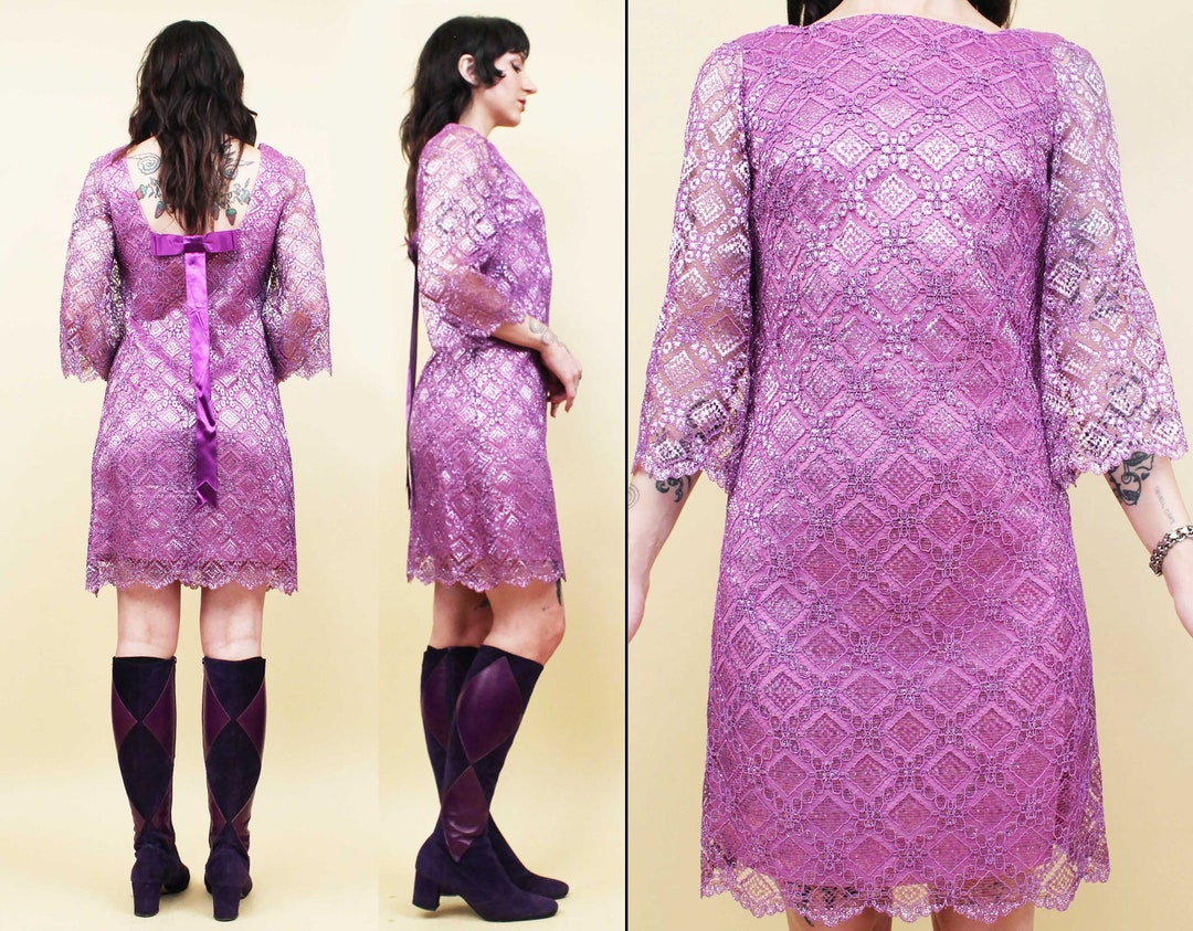 60s Vtg Purple Lace Lurex Metallic Angel Sleeve Mini Dress With Satin ...
