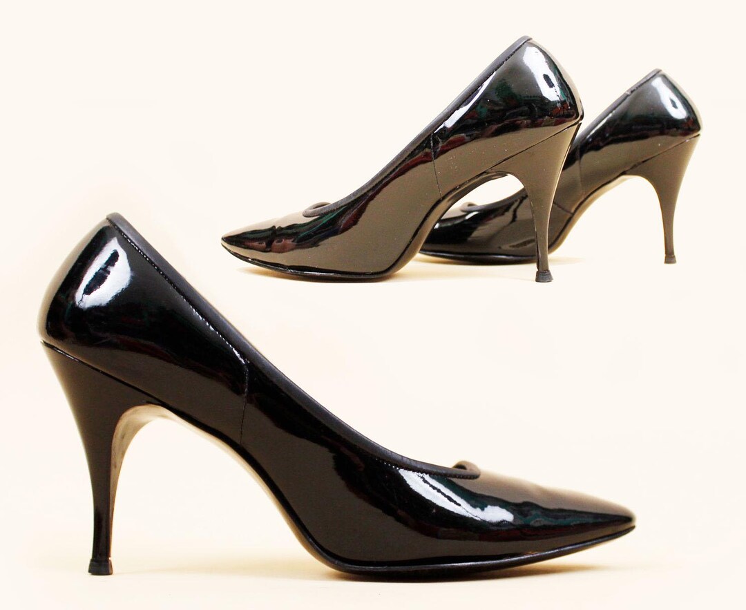 50s 60s Vtg Black Patent Leather High Spike Heel Classic Silhouette Pin ...