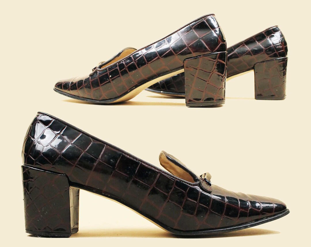 90s Vtg Patent Leather Alligator Reptile Embossed Brown Slip on Loafer ...