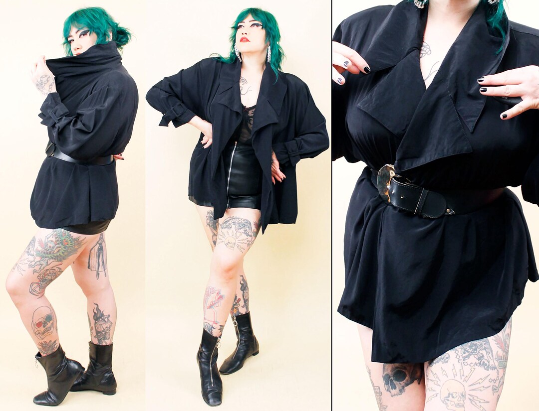 80s Vtg Black Collared Buckles Kimono Layering Coat Light Weight Jacket ...