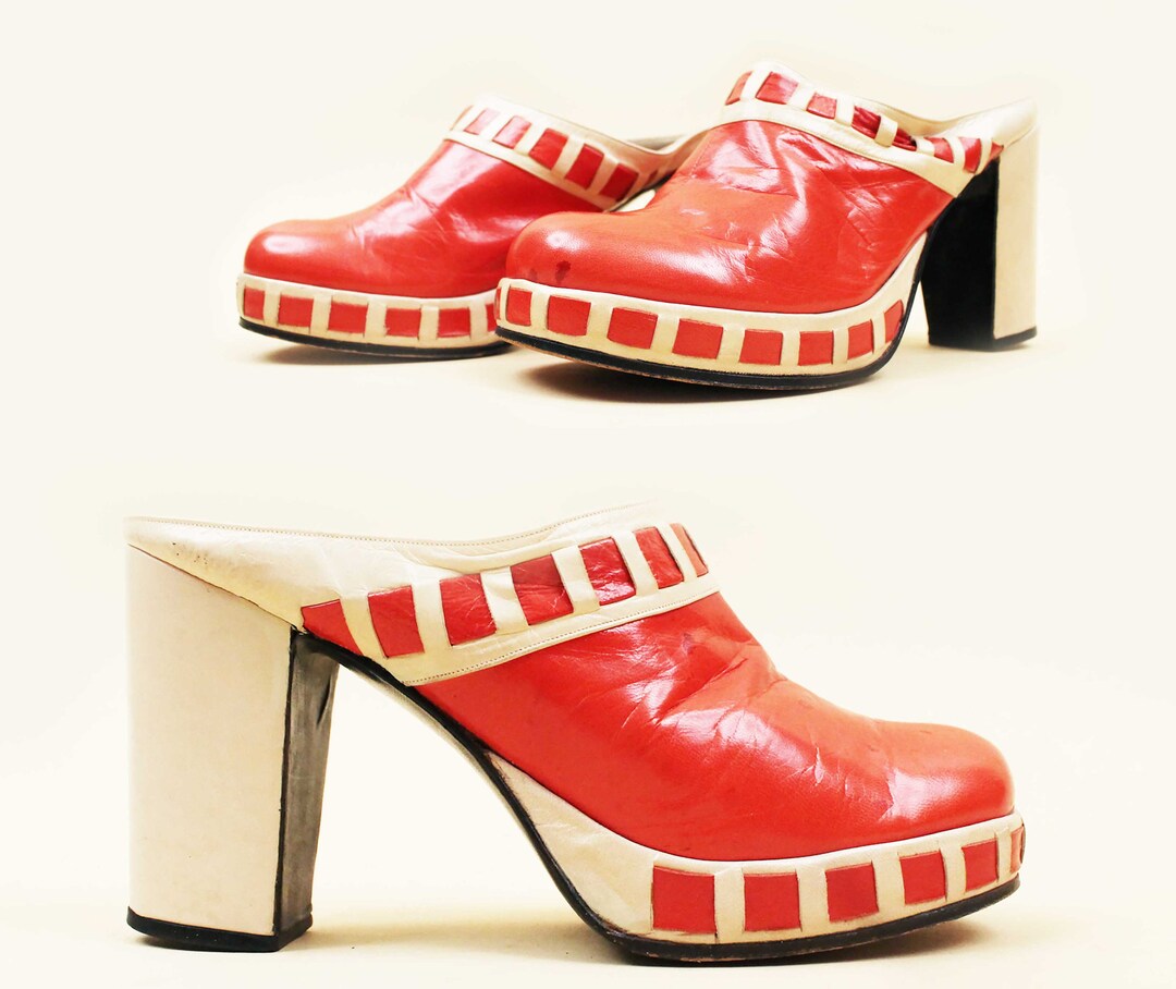 60s 70s Vtg Red & White Leather Clog Platform High Heel Shoes Slip on ...