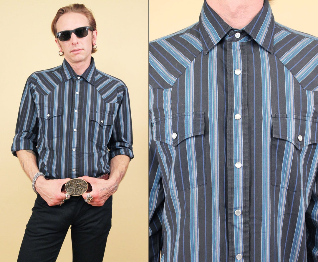 80s Vtg Black Blue Vertical Stripe Western Yolk Snap Button Shirt Long ...