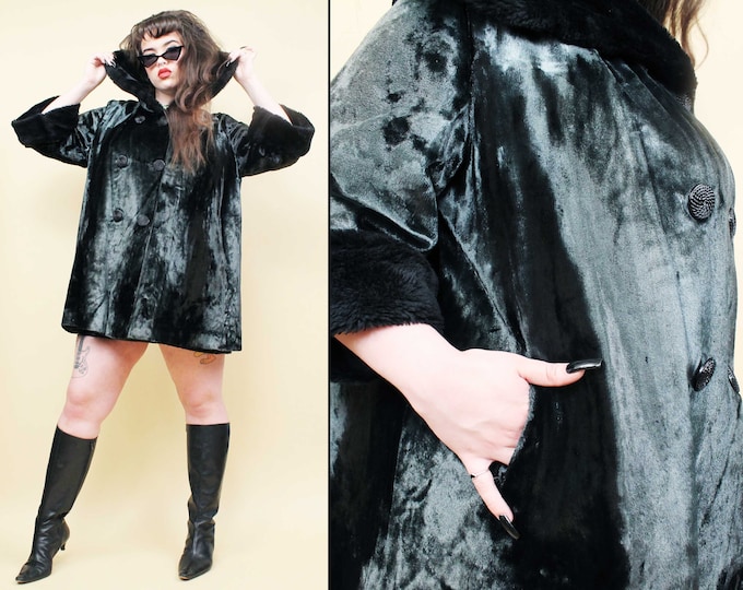 50s 60s Vtg Black & Green Faux Fur Giant Collar Pea Coat Double ...