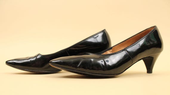 50s 60s Vtg Black Patent Leather High Heel Pointy Toe… - Gem