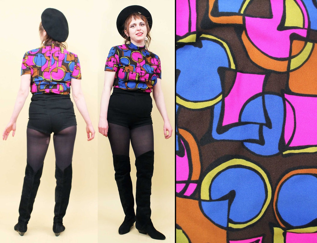 60s Vtg Op Art Abstract Shapes Mock Neck Short Sleeve Shirt Mod Women's ...