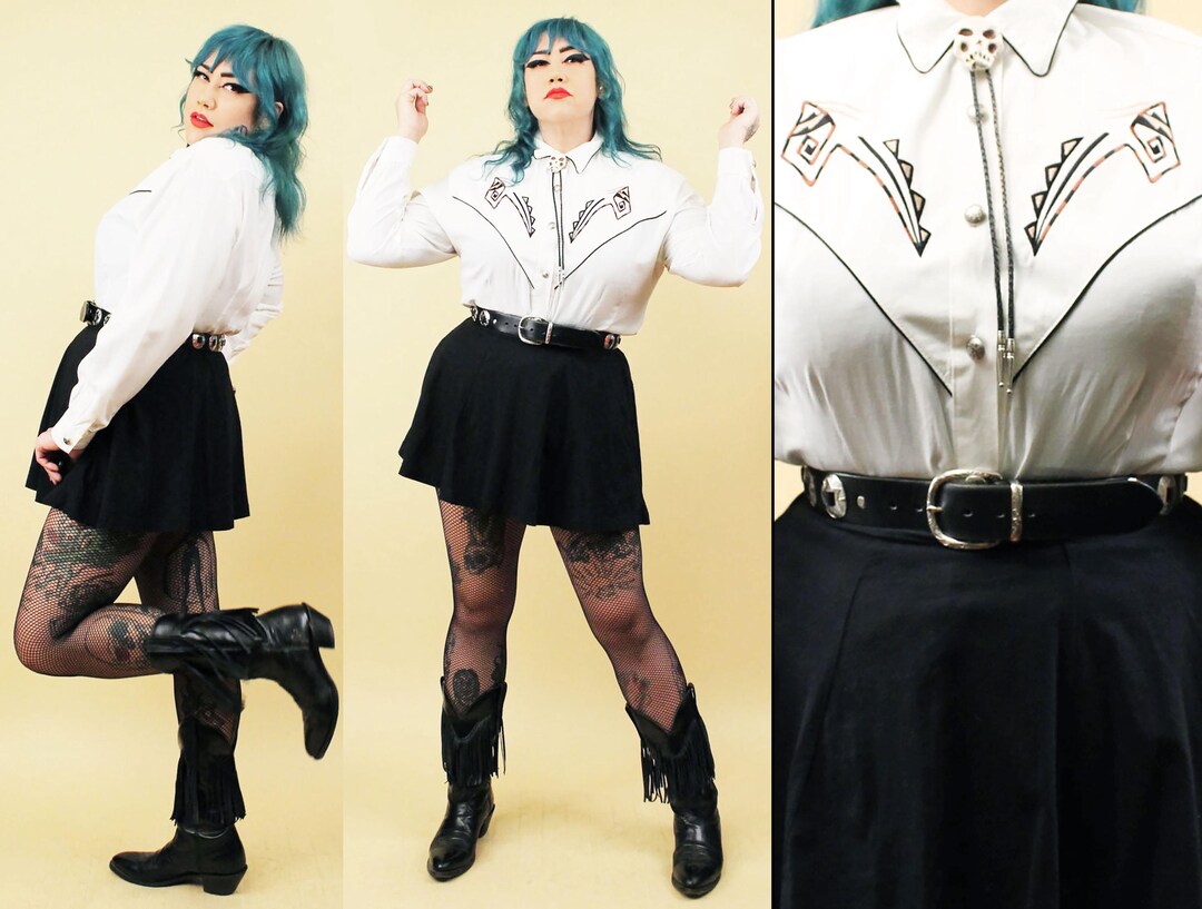 80s 90s Vtg White Cotton South Western Motif Embroidery Long Sleeve ...