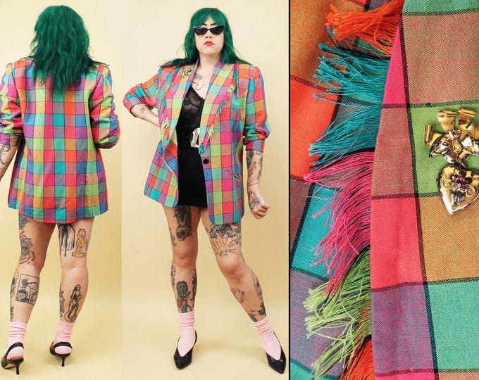 80s Vtg Rainbow Plaid Fringe Collar Blazer by CHAUS Women's Plus Size ...