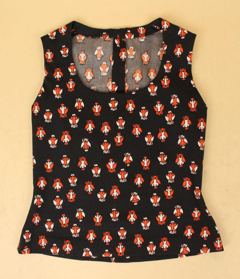 60s 70s Vtg Owl Print Polyester Tank Top Black Orange White Novelty ...