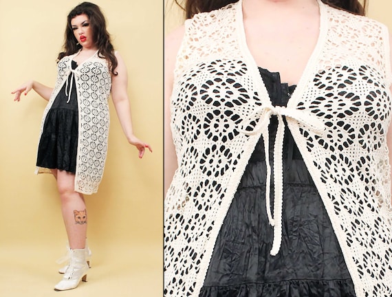 90s does 70s Vtg White Cotton Crochet Duster Layering… - Gem