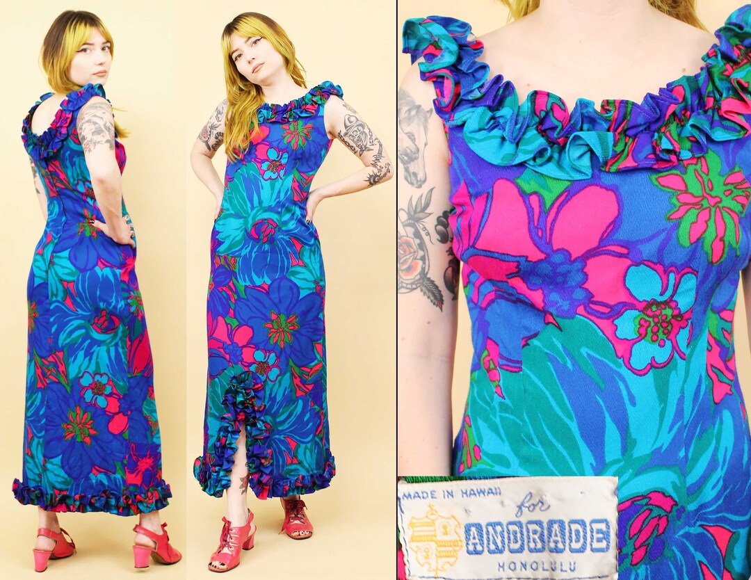 60s Vtg Hawaiian Floral Op Art Barkcloth Maxi Dress Sleeveless Neon ...