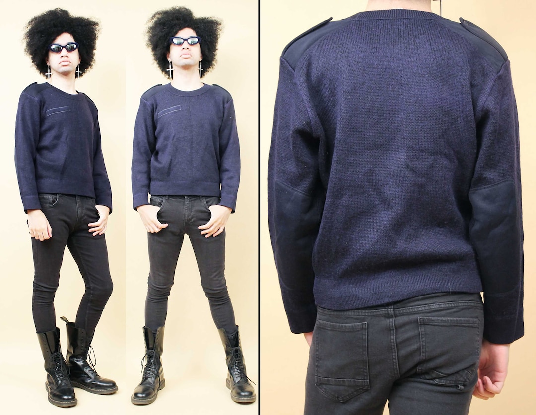 80s 90s Vtg Military Surplus Wool Navy Blue Knit Sweater Elbow Patch ...