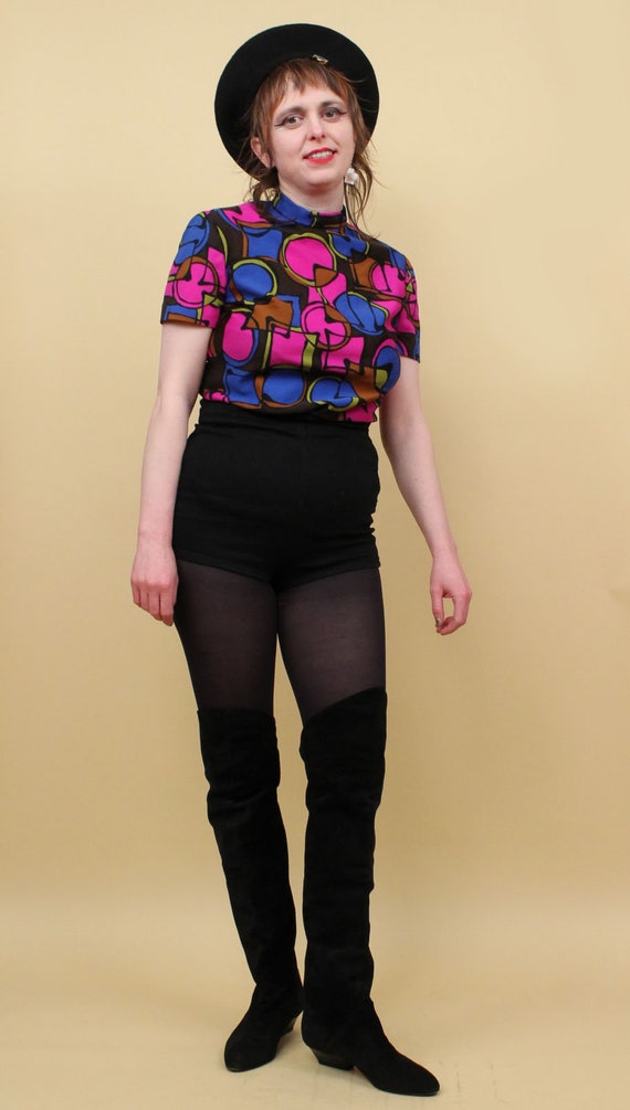 60s Vtg Op Art Abstract Shapes Mock Neck Short Sleeve… - Gem