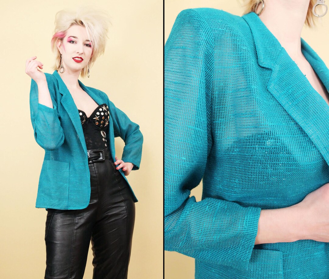 80s Vtg Teal Blue Burlap Sheer Netted Blazer Jacket Layering New Wave ...