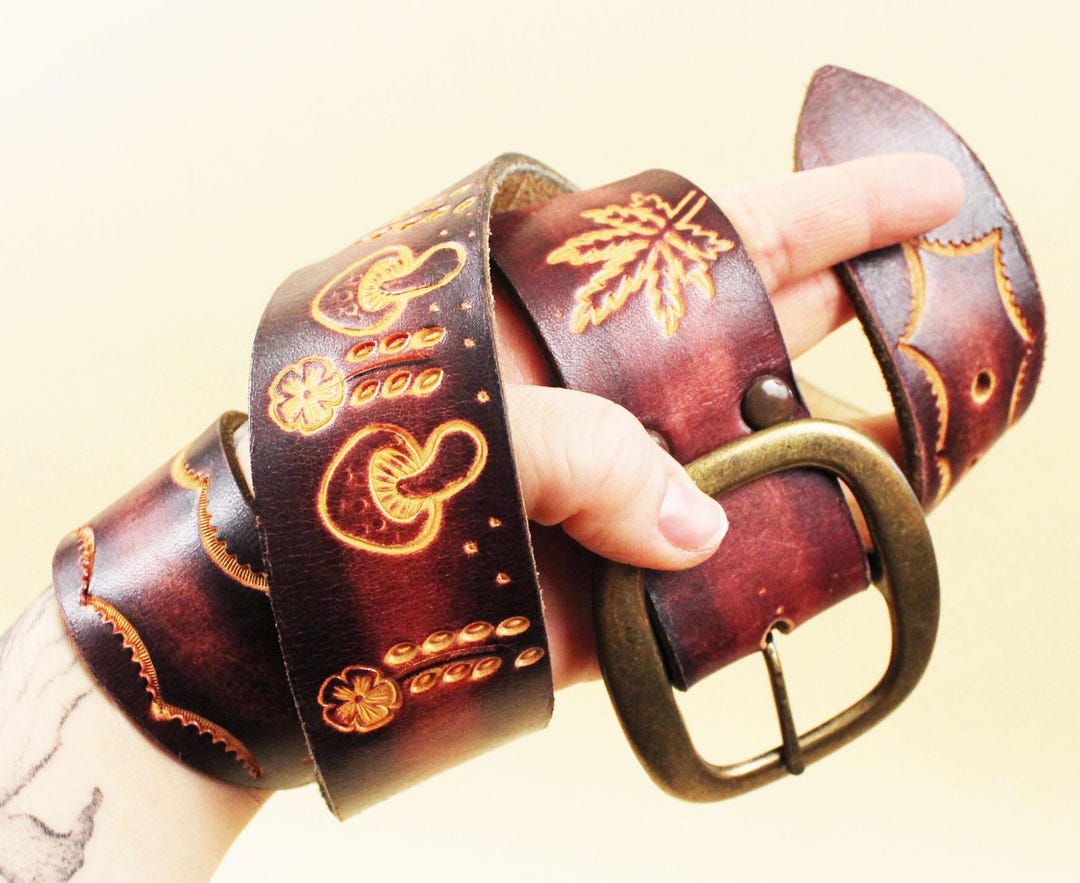 60s 70s Vtg Brown Leather Tooled Weed Pot Leaf Magic Mushroom Belt ...