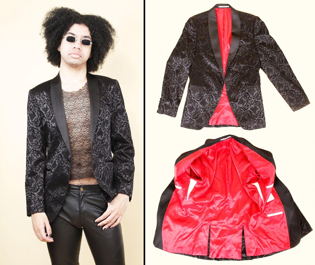 Y2K Vtg Vercini Black Velvet Flocked Brocade Suit Blazer Smoking Jacket ...