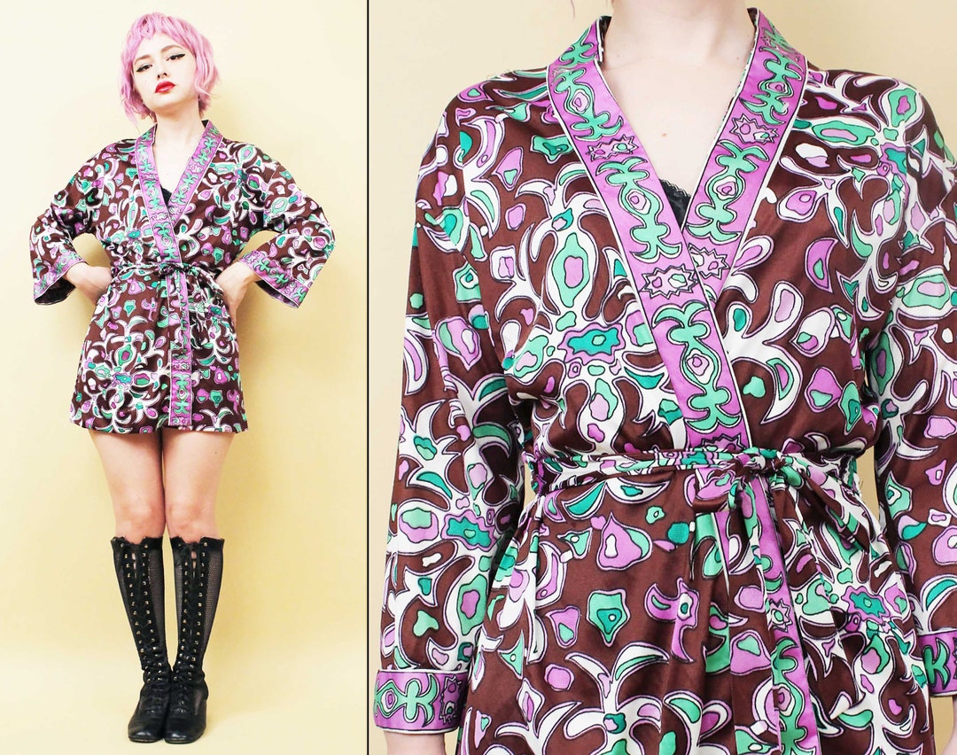 60s Vtg Mod Short Robe PUCCI Style Print Mod Op Art Psychedelic Tie ...
