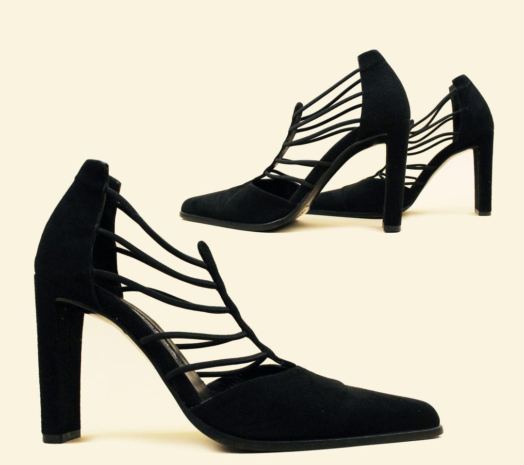 80s 90s Vtg via Spiga Black Leather Nubuck Suede Cage Strap High Heel ...
