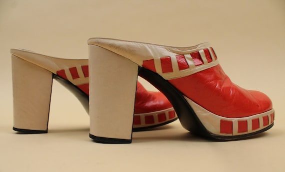 60s 70s Vtg Red & White Leather Clog Platform High He… - Gem