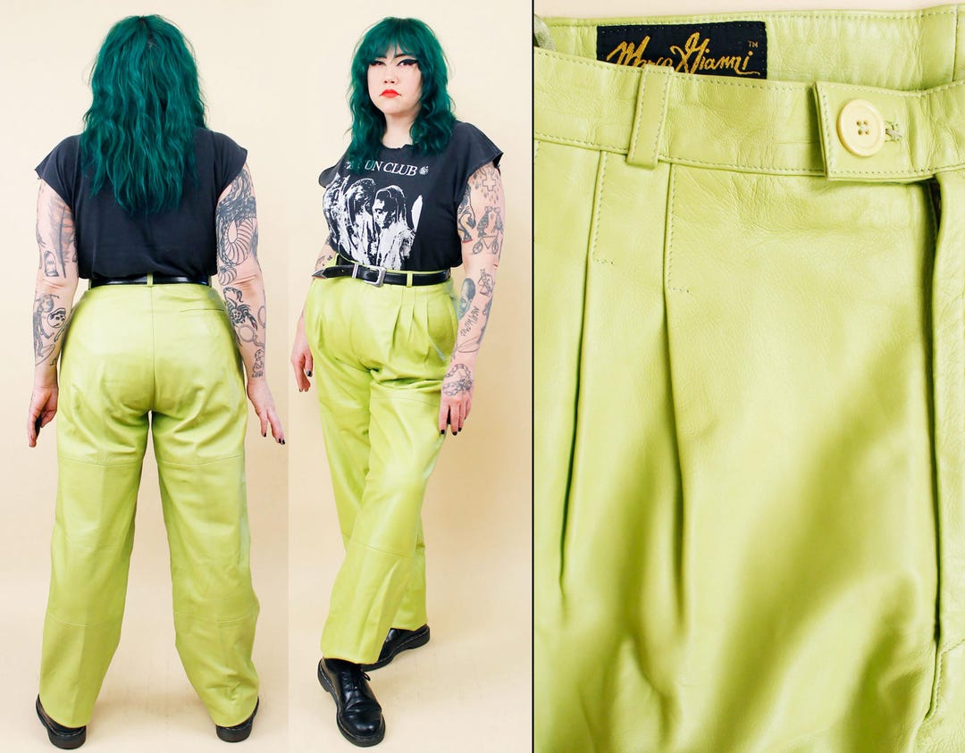 80s 90s Vtg Chartreuse Green Genuine Leather High Waist Pants Straight ...