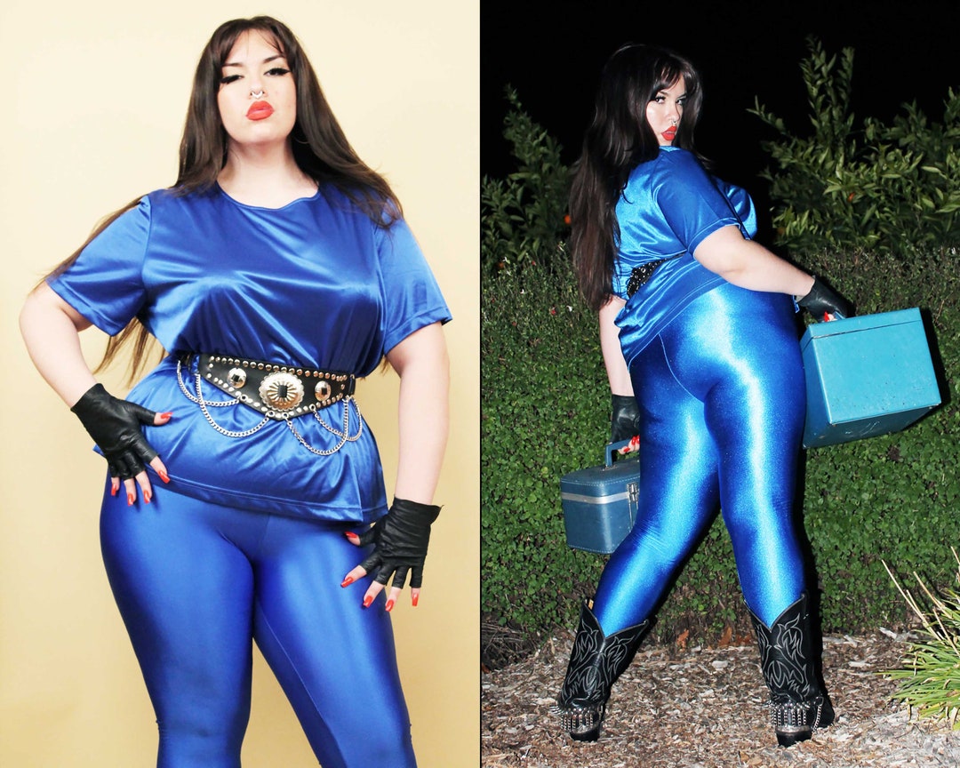 80s Vtg Spandex Blue Shiny 2pc Set High Waist Leggings Boxy Shirt ...