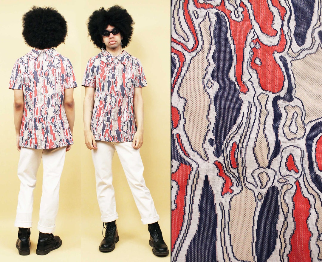 70s Vtg Acid Trip Psychedelic Polyester Knit Collared Tunic Front ...