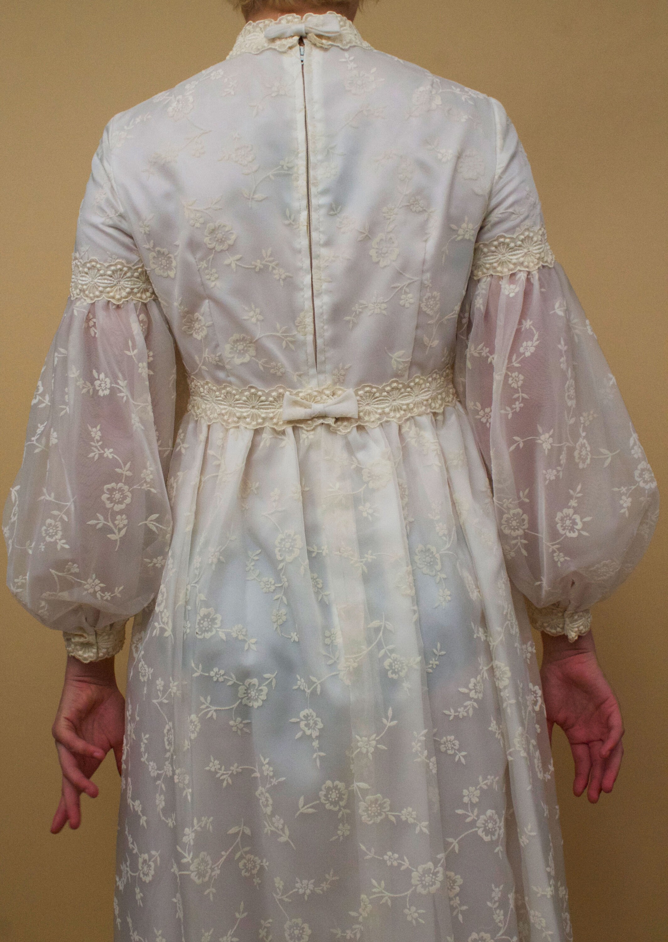 60s Vtg Flocked Sheer Bishop Sleeve Wedding Dress High Neck Mod Hippie ...