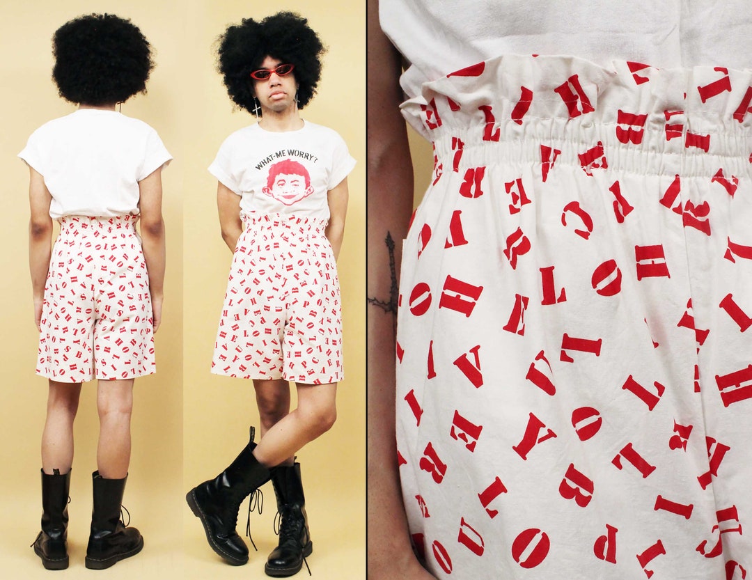 80s Vtg White Cotton Red Alphabet Letter Print High Waist Paper Bag ...