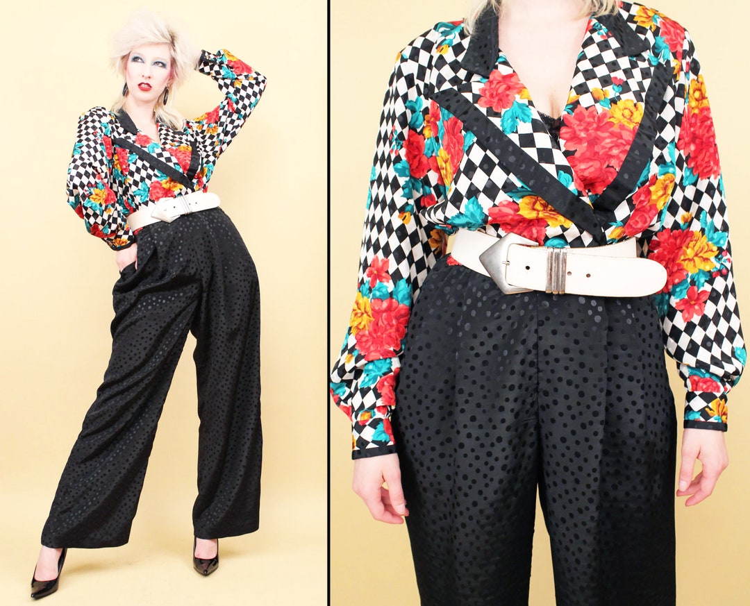 80s Vtg Checker Floral Black & White Jumpsuit Collared Suit New Wave ...