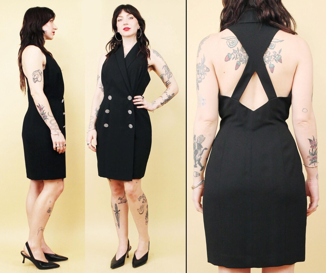 80s 90s Vtg Black Collared Suit Mini Dress Button Front Business Goth ...