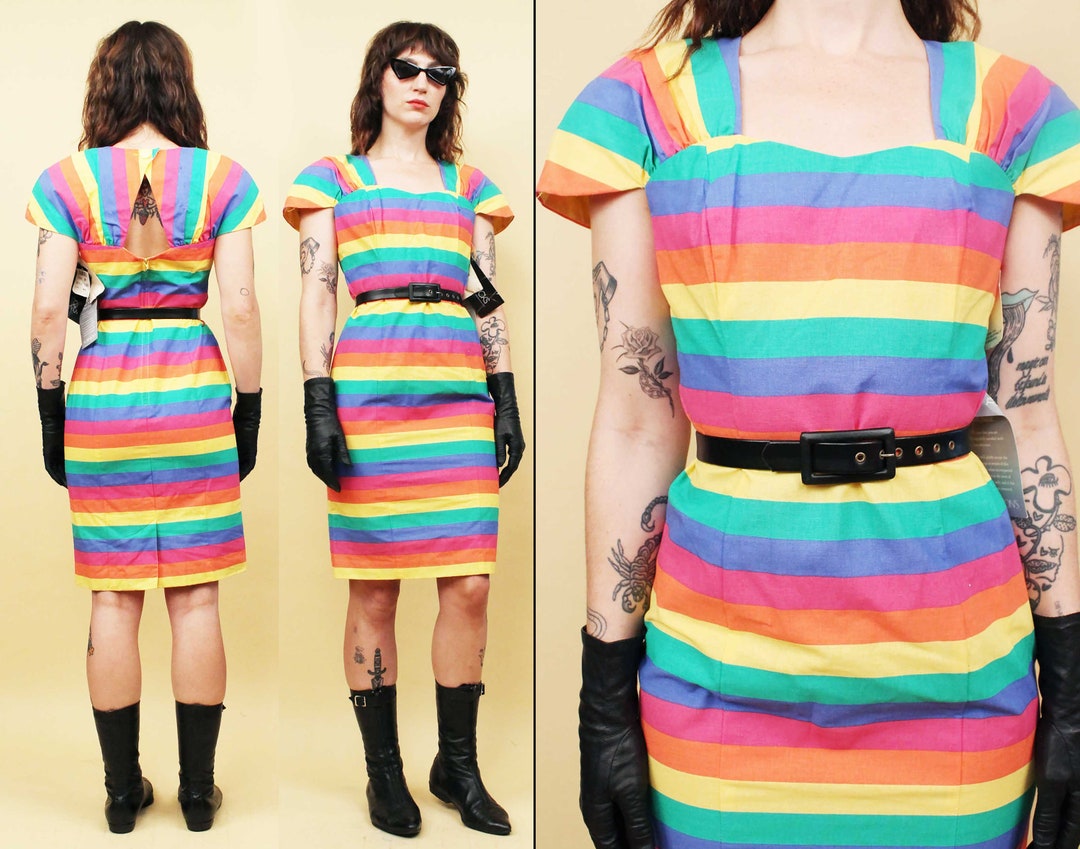 80s 90s Vtg Deadstock NWT Rainbow Striped Cotton Mini Dress the Nanny ...
