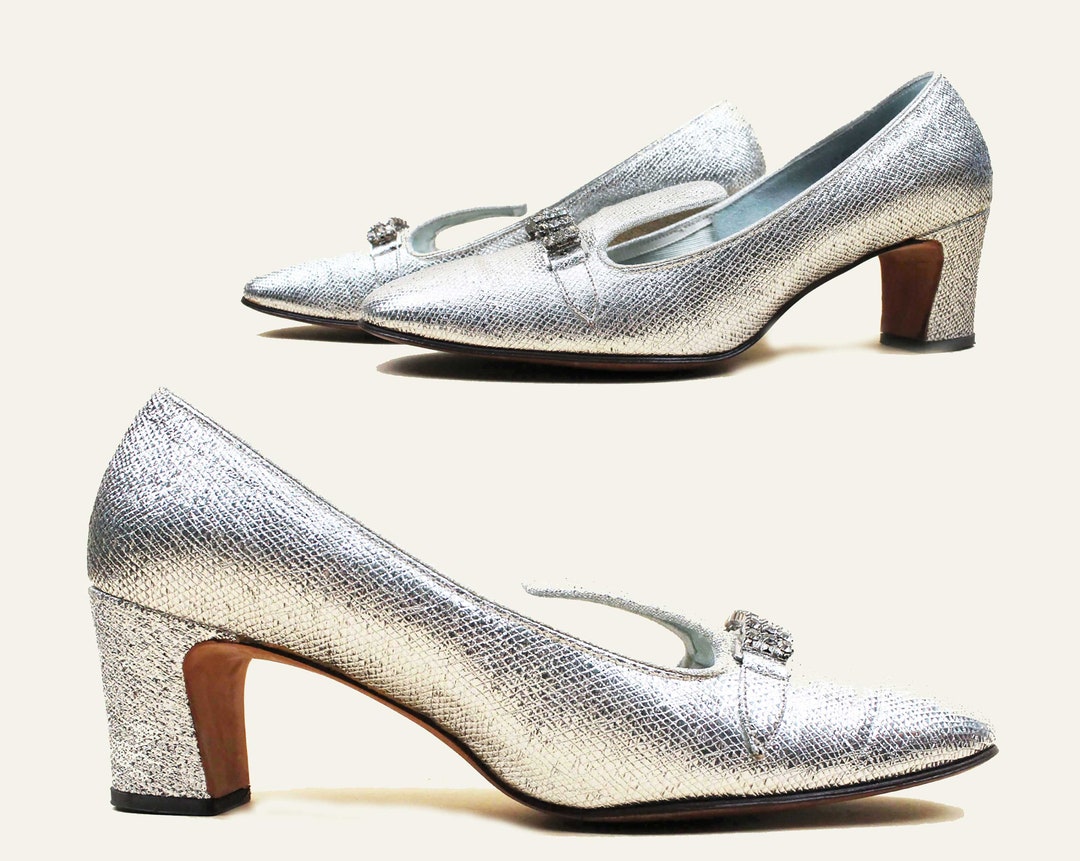 60s Vtg Silver Lurex Metallic Slip on Pilgrim High Heels Rhinestone ...