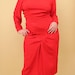 80s Vtg Red Batwing Long Sleeve Knee Length Dress V Shape Ruched Front ...