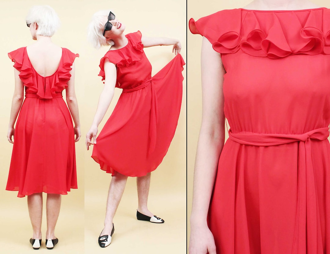 70s 80s Vtg Bright Red Ruffle Collar Knee Length Dress Dance Valentines ...